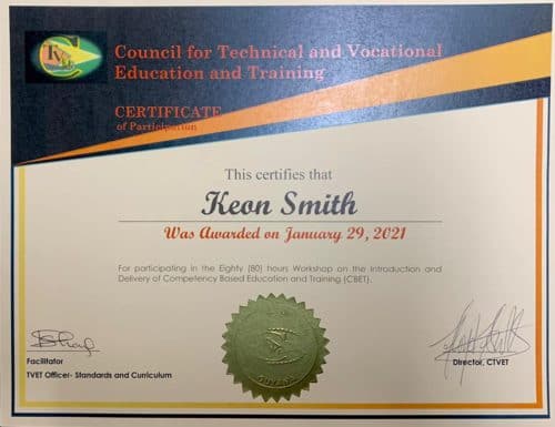 Keon Smith-TVET-Certificate - ActionINVEST Caribbean Inc.