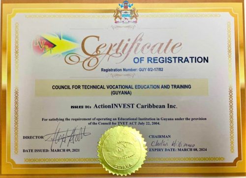 CTVET Certificate - ActionINVEST Caribbean Inc.