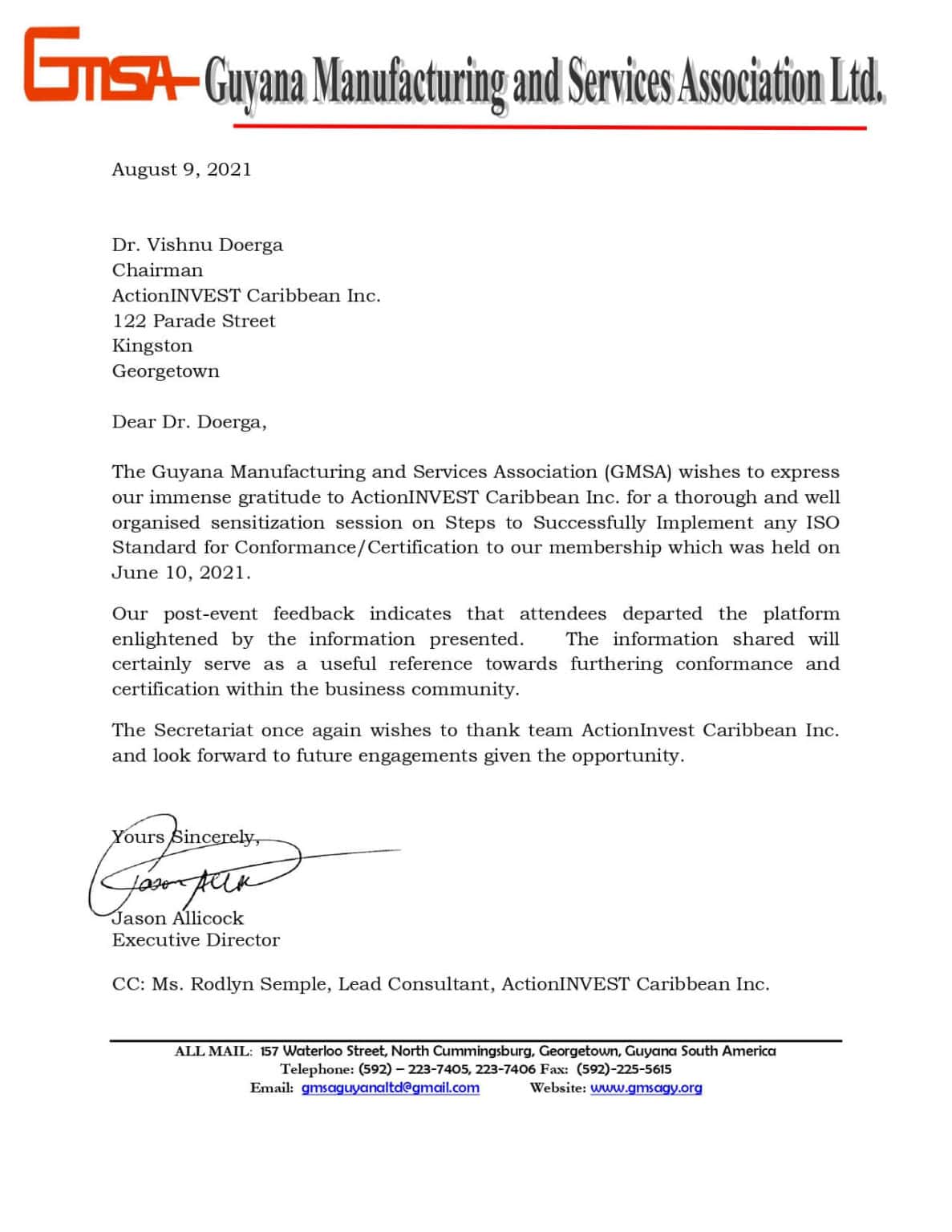 GMSA- Letter of Appreciation - ActionINVEST Caribbean Inc.